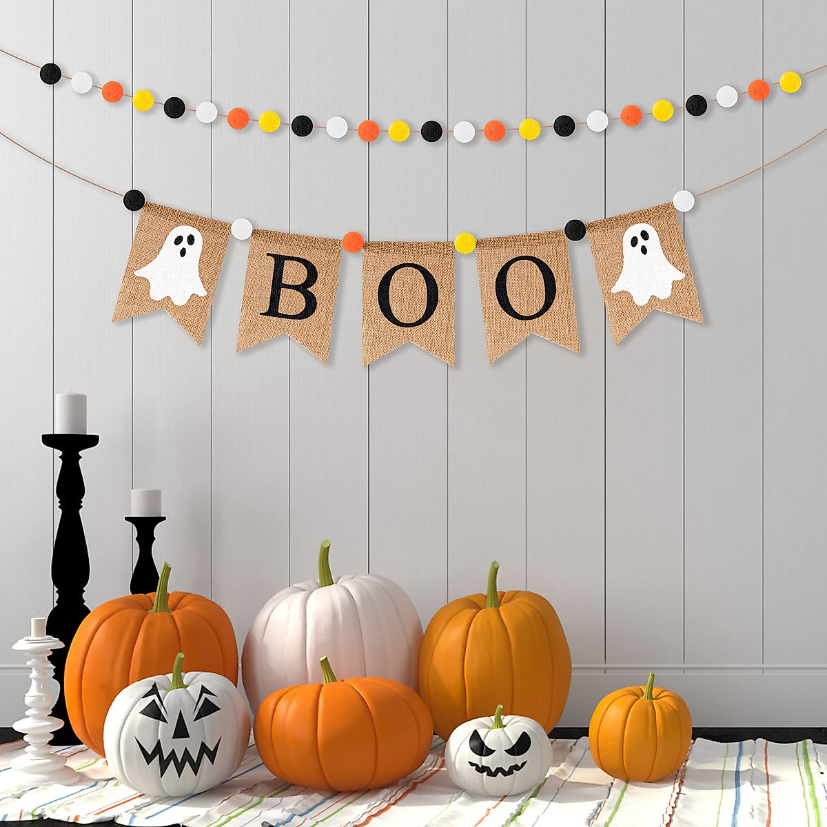WATINC 2pcs Halloween Scary Boo Burlap Banner Ghost Pom Pom Garland Set, Happy Halloween Felt Ball Banner Hanging Decorations Thanksgiving Carnival Holiday Party Hang Bunting Decor for Home Wall