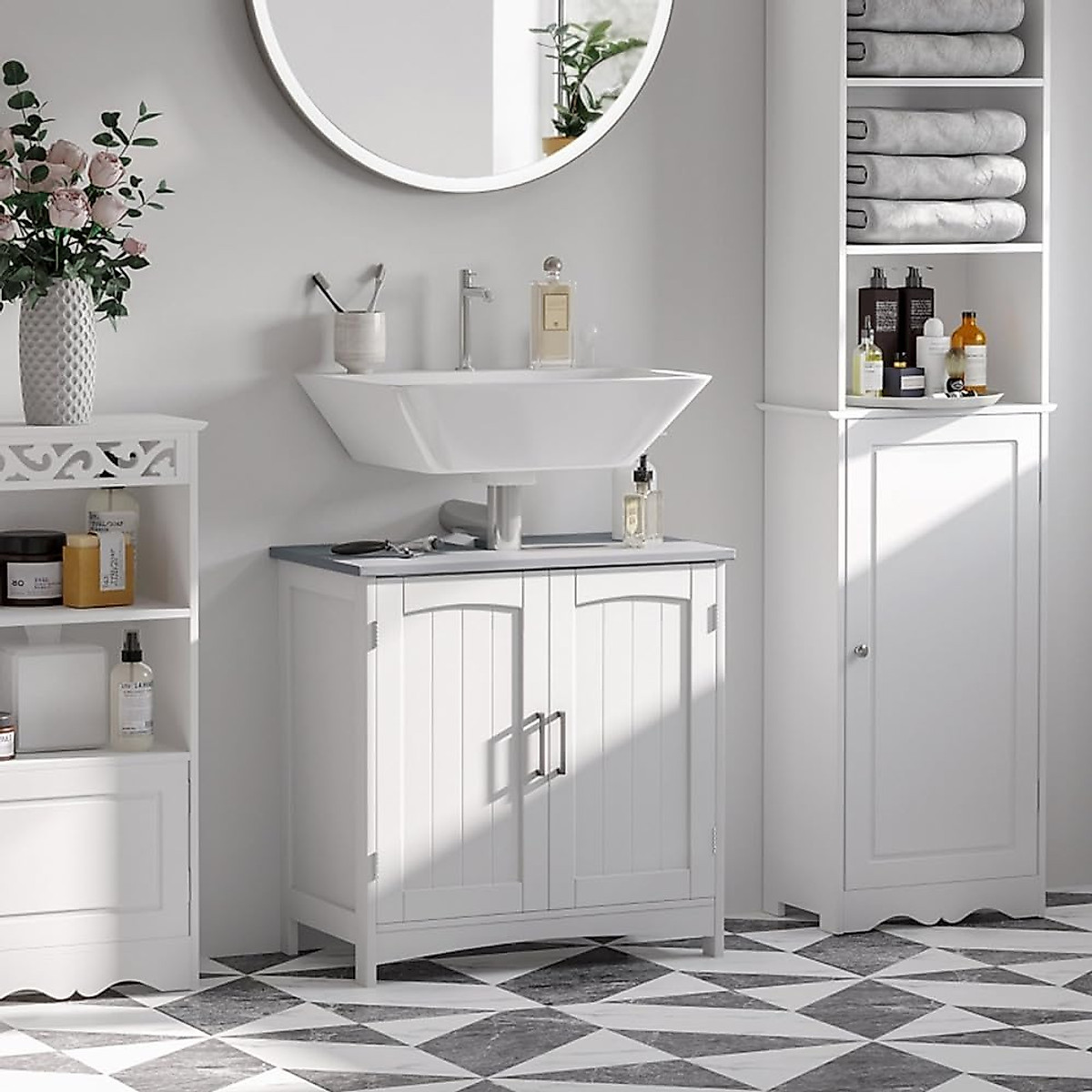 Light Grey Top Pedestal Sink Storage Cabinet, Under Sink Cabinet, Pedestal Sink Storage Bathroom Vanity Cabinet with U-Shape and Adjustable Internal Shelf, 23.5" W x 13" D x 23.5" H