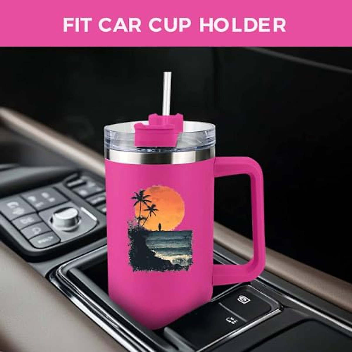 LB LEOBON 40 ounce insulated cup with handle, double-layer vacuum stainless steel material, equipped with straw, can keep warm or maintain cold drinks Neone Poppe Sunset 2 Bright pink