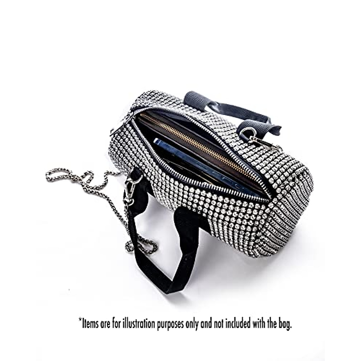 Plursona Bella Rhinestone Purse Luxury Sparkly Silver With Top Handle and Detachable Cross Body Bag Chain