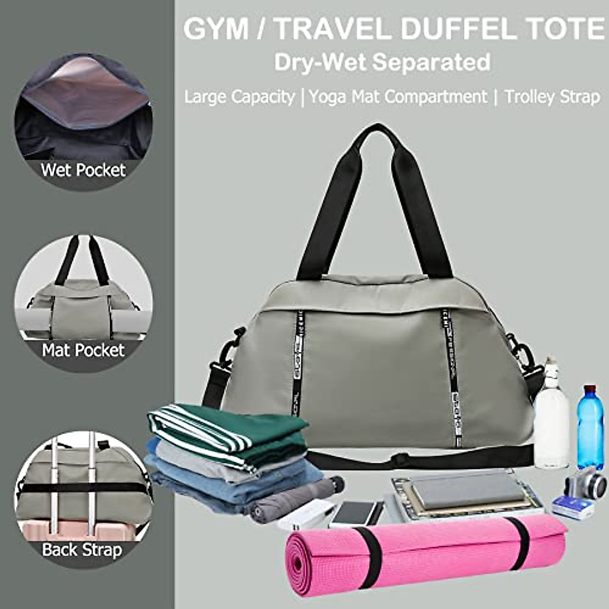 BASICPOWER Travel Duffel Gym Yoga Workout Tote Bag, Waterproof Overnight Weekender Bag, Dry-Wet Separated, with Yoga Mat Storage Tape, Grey