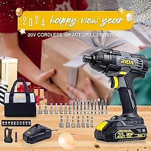 RIDA Cordless Impact Driver Kit,180N.m. 20V Impact Drill Driver Set 1/4" All-Metal Hex Chuck, 0-2800RPM Variable Speed, 2.0Ah Battery & Fast Charger, 25 Pcs S2 Bits &Tool Bag New Year Gift