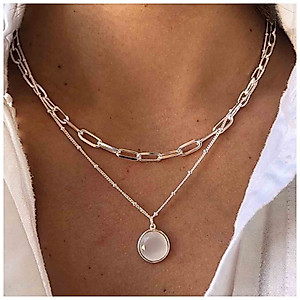 Yheakne Boho Layered Moonstone Necklace Silver Opal Moonstone Pendant Necklace Paper Clip Chain Choker Necklace Punk Flat Chain Necklace Jewelry for Women (Silver)