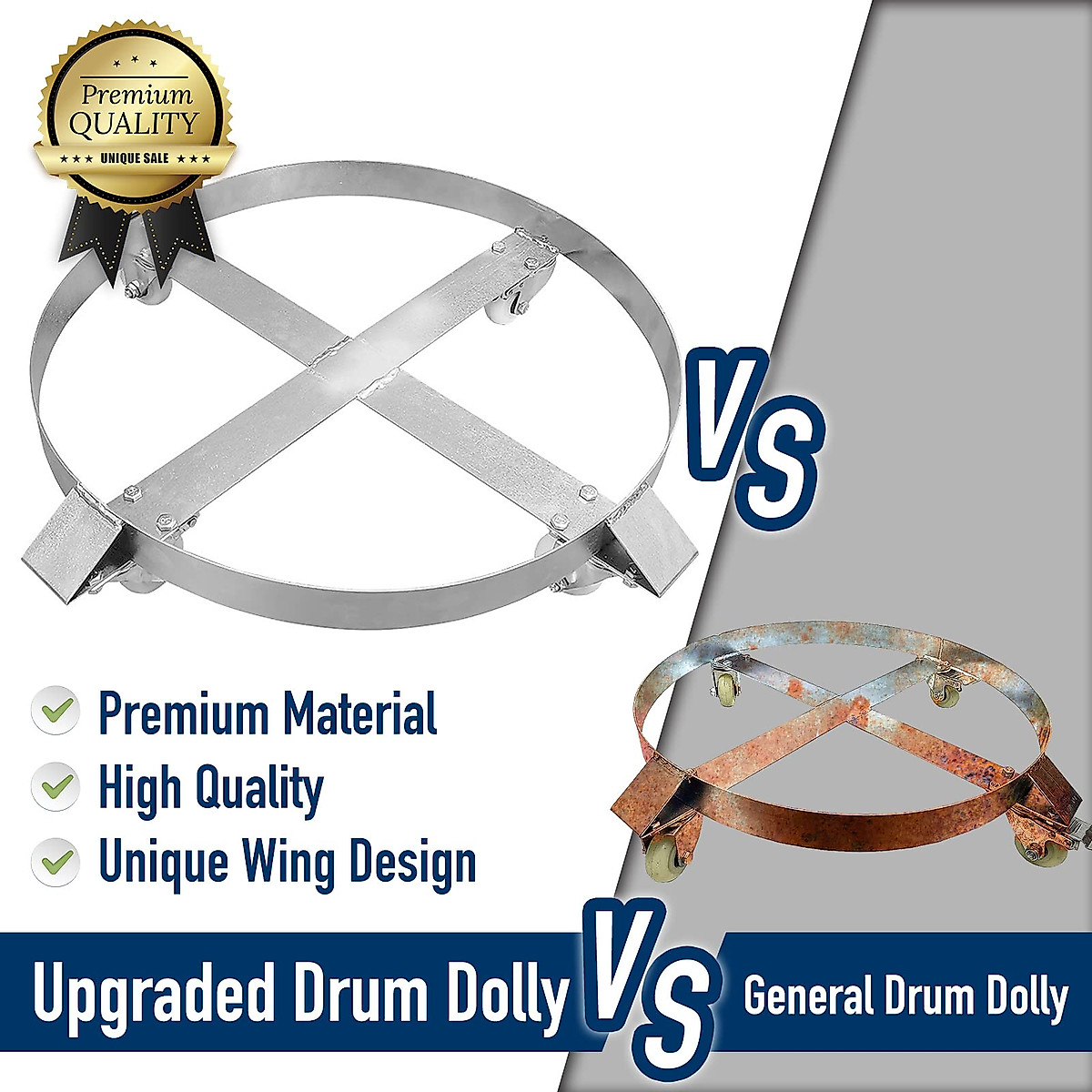 BotaBay Upgrade Drum Dolly for 50 Gallon Drums, Barrel Dolly with 4 PCS 360° Rolling Swivel Caster Wheels and Brake, Heavy Duty Steel Frame Drum Cart for Workshops, Factories, Warehouses