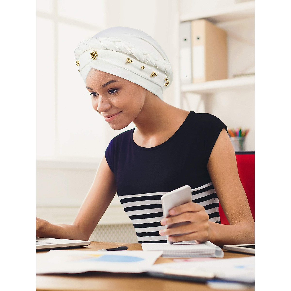 4 Pieces African Women Turban Cap Head Wraps Beaded Headscarf Beanie Wrap (Black, Grey, White, Red,Bead Style)