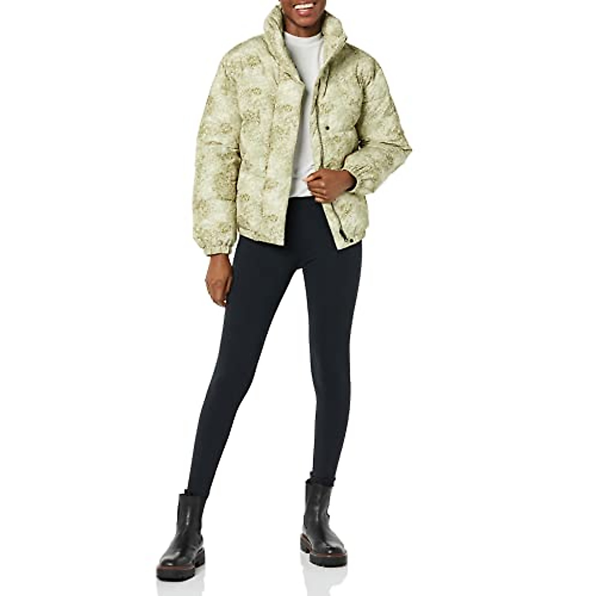 Amazon Essentials Women's Relaxed-Fit Mock-Neck Short Puffer Jacket (Available in Plus Size) (Previously Daily Ritual), Olive Speckled Print, Large