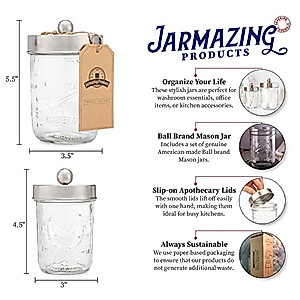 Jarmazing Products Apothecary Lid Storage Set with Ball Mason Jars - Farmhouse Home Decor for Vanity Organization - Luxury Bathroom, Kitchen and Office Accessories - Stainless Steel - Two Pack