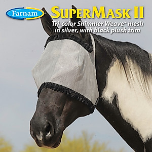 SuperMask II Shimmer Weave Mesh Horse Fly Mask Without Ears, Eye Protection from Insect Pests, Soft Silver Mesh with Black Plush Trim, Horse Size