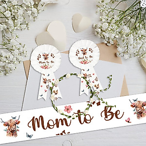 Highland Cow Mom to Be Sash Dad to Be Pin and Flower Crown Headband for Gender Reveals Party Baby Shower Party Favors Decorations for Boys and Girls Pregnancy Props Keepsake