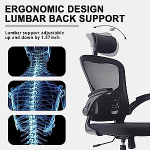 SUKIDA Office Chair with Headrest - Ergonomic Office Chair with Neck Support, Black Mesh Computer Desks Chairs Wheels Back Support Back Pain Comfortable Flip Up Arms Comfy for Home Bedroom