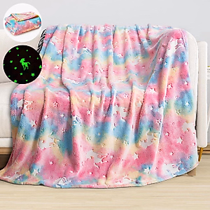 Glow in The Dark Throw Blanket, Luminous Unicorns Blanket for Boys Girls, Super Soft Fuzzy Plush Flannel Furry Fleece Blanket, Perfect for Bed or Sofa, Personalized Kids Gifts (Rainbow, 50" x 60")