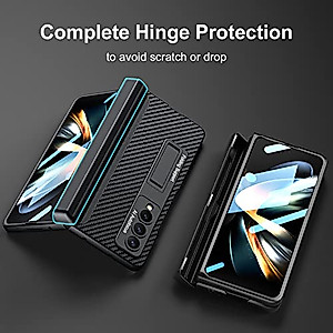 Libeagle Compatible with Samsung Galaxy Z Fold 4 Case, Built in Hidden S Pen Holder to Avoid Pen Lost, Leather on Back, Screen Protector, Hinge Protection, Wireless Charging Cover 5G 2022-Carbon Fiber