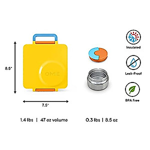 OmieBox Bento Box for Kids Insulated Bento Lunch Box with Leak Proof Thermos Food Jar, 3 Compartments + Yellow Blue Utensil Set with Case