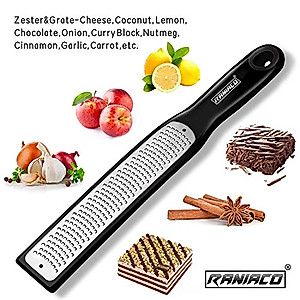 Raniaco Lemon Zester Citrus Grater - Stainless Steel Grater, Flat Kitchen Graters for Cheese, Lemon, Garlic, Chocolate Zester with Soft Protective Cover, Rubber Base Long Handheld Grater (Long)