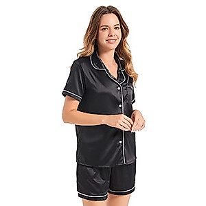 JULGIRL Women's Silk Satin Pajamas Short Sleeve Shorts Loungewear Two-Piece Button-Down Pj Set (X-Large, Black)