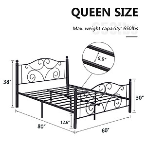 VECELO Queen Size Bed Frame with Headboard and Footboard, Heavy Duty Metal Slat Support, Platform Mattress Foundation, No Box Spring Needed, Easy Assembly, Dark Black