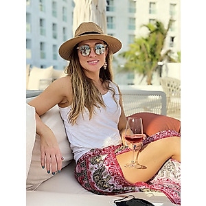 FURTALK Womens Mens Wide Brim Straw Panama Hat Fedora Summer Beach Sun Hat UPF Straw Hat for Women Beige-White