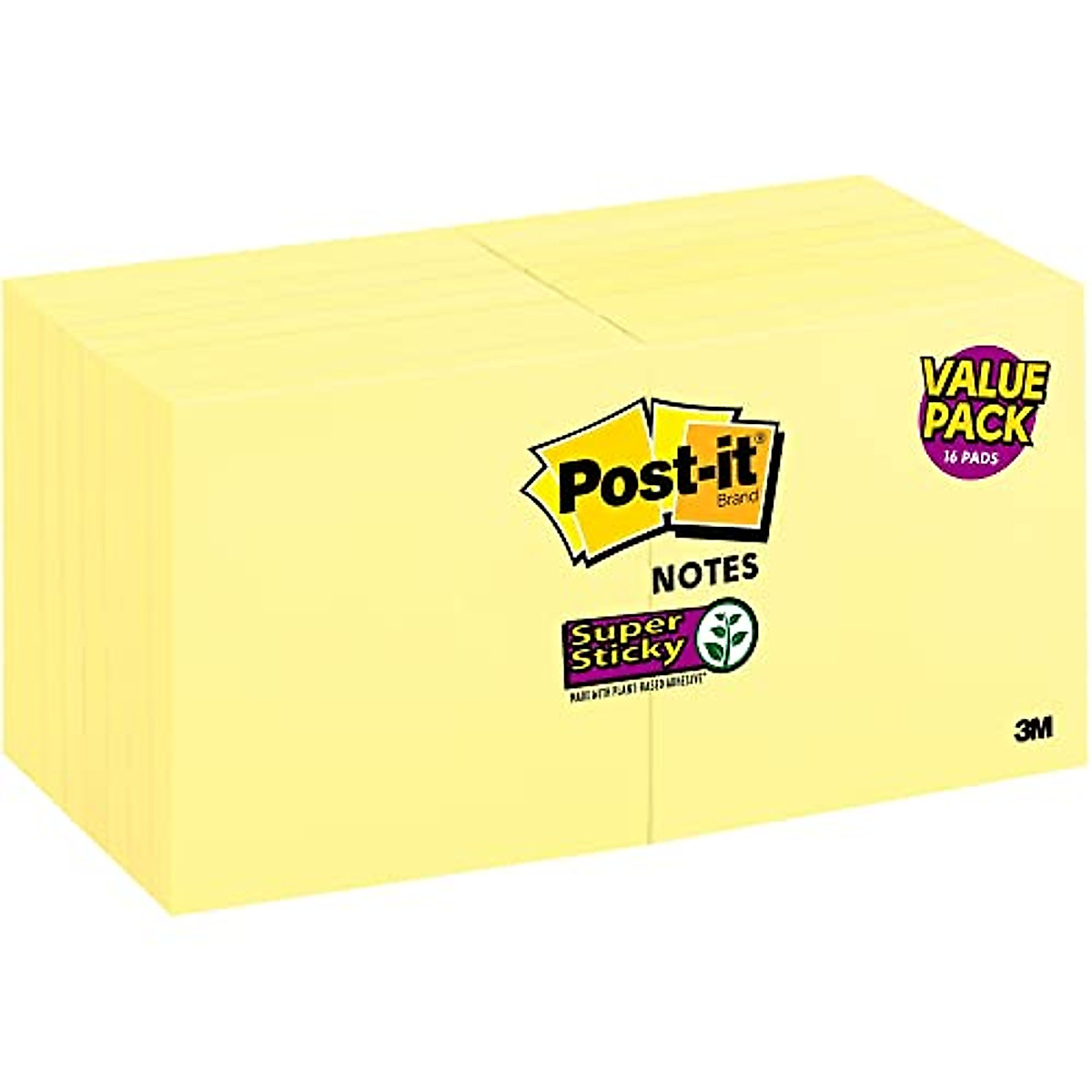 Post-it® Notes, Super Sticky Notes, 3 in x 3 in, Canary Yellow, Pack Of 16 Pads
