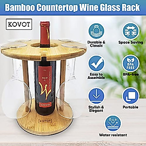 KOVOT Bamboo Countertop Wine Glass Rack – Holds 6 Stemmed Wine Glasses and 1 Wine Bottle – Durable and Reliable Tabletop Centerpiece – Simple But Stylish Wine Glass Holder – Perfect for Home & Bars.