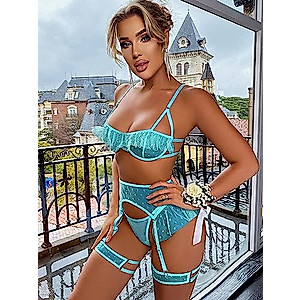 SOLY HUX Women's Valentines Sexy Mesh Lingerie Set Lace Teddy Strap Babydoll Bodysuit with Garter Belts Plain Light Blue XXL