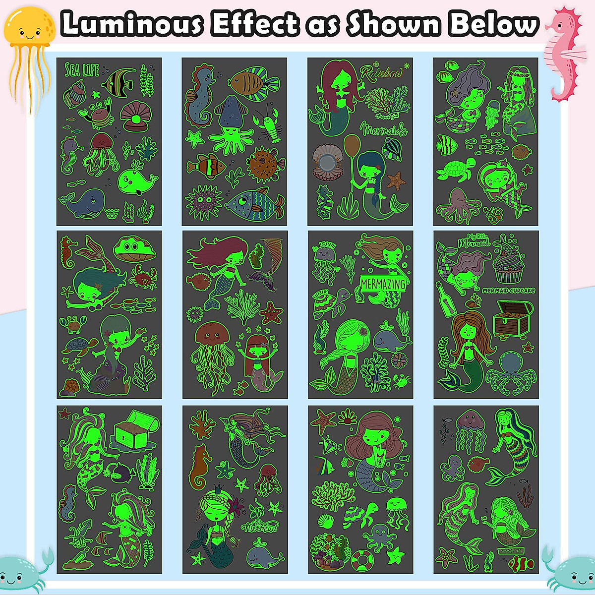 Partywind 130 Luminous Styles Mermaid Birthday Party Decorations, Glow Mermaid Kids Temporary Tattoos for Girls Birthday Party Supplies Favors, Mermaid Tail Ocean Decor (12 Sheets)