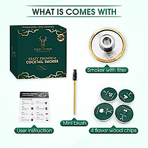 Feazy premium cocktail smoker kit - Stainless Steel Cocktail Smoker Infuser, Old Fashioned Smoker Kit for Bourbon,Whiskey, Beer & Wine Drink - 4 Pack of Cherry, Apple, Hickory & Oak Wood Chips - bourbon smoker kit, Drink Smoker, Stainless Steel Smoker Kit