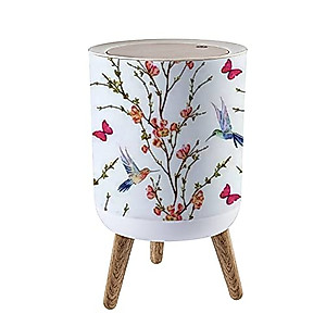 Small Trash Can with Lid Seamless Floral with Hand Drawn Hummingbirds Tropical Japanese Flowers Round Recycle Bin Press Top Dog Proof Wastebasket for Kitchen Bathroom Bedroom Office 7L/1.8 Gallon