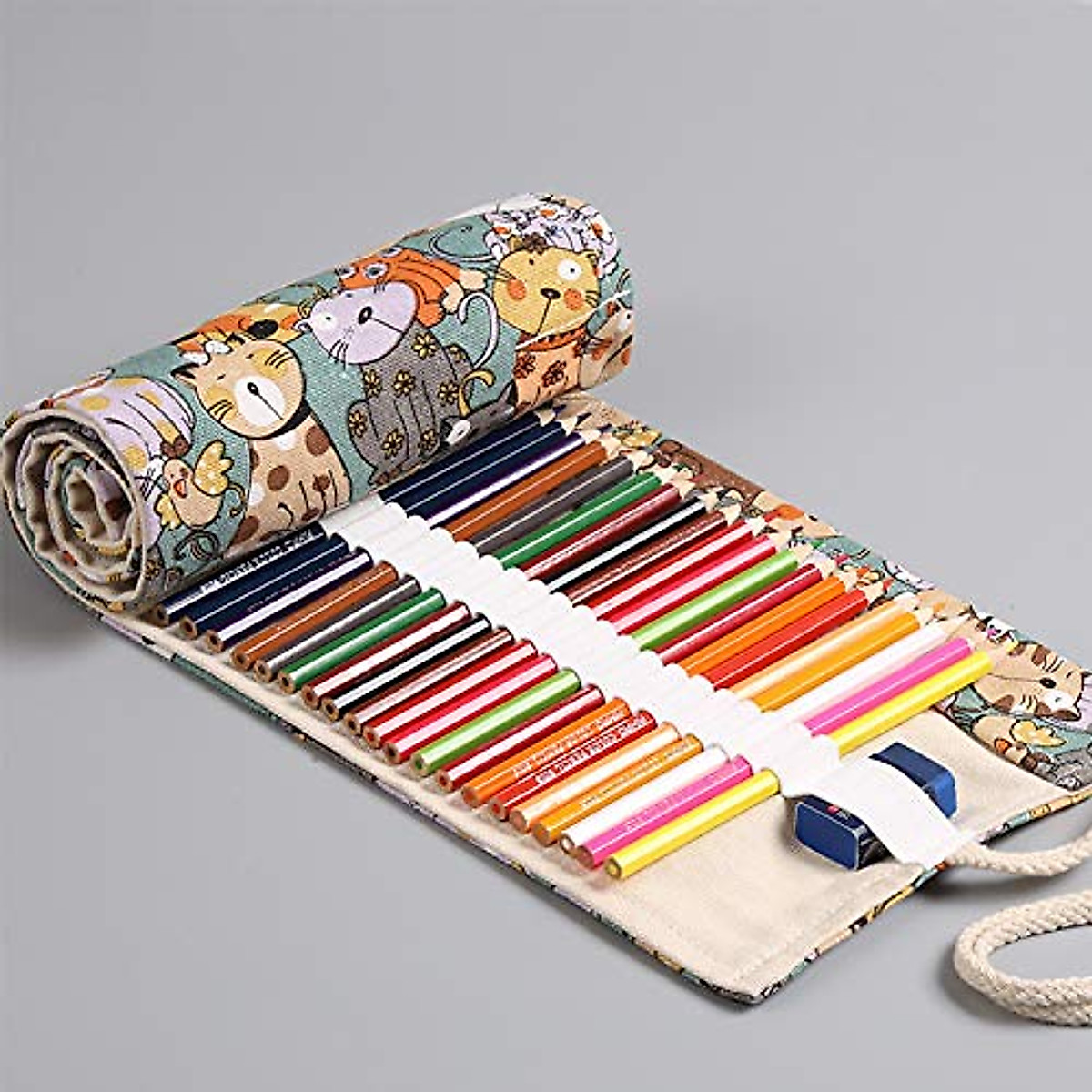 Canvas Pencil Roll Wrap 12/24/36/48 Holes, Multiuse Cartoon Cat Roll Up Pencil Case Large Capacity Pen Curtain for Coloring Pencil Holder Organizer