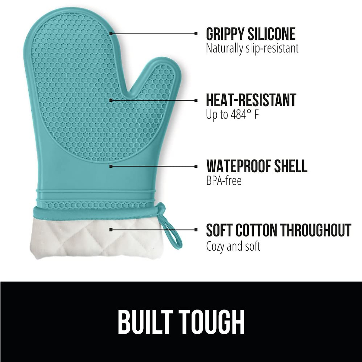 Gorilla Grip Silicone Oven Mitts Set of 2 and Silicone Baking Mats Set of 2, Silicone Oven Mitts are 14.5 Inch, Quarter Sheet Silicone Baking Mats, Both in Turquoise Color, 2 Item Bundle