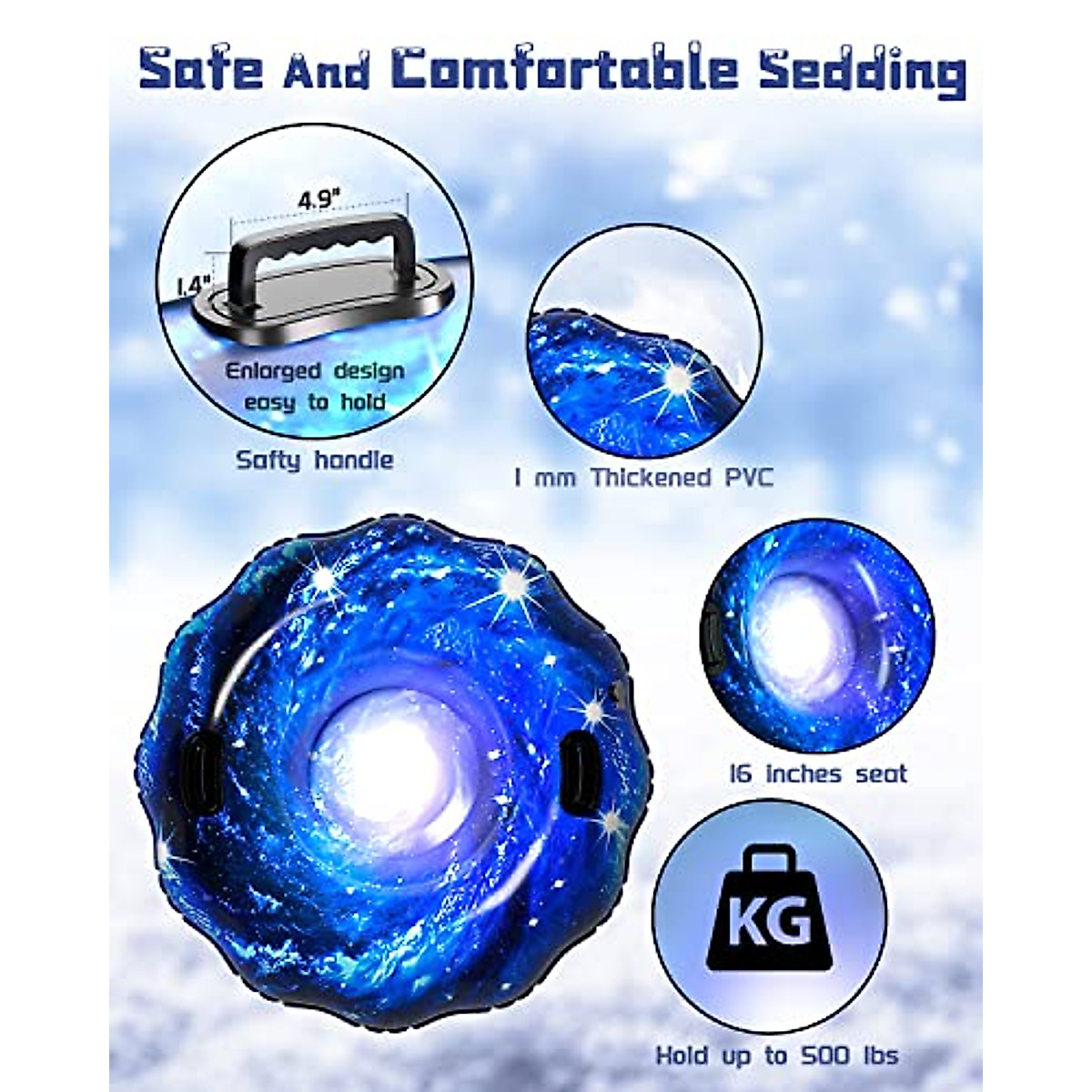 Snow Tube 55" Plus Size, TOSKIESGO Snow Sled for Adults and Kids with 1mm Cold-Proof and Heavy Duty Material, Easy to Carry, Thickening Inflatable Snow Tube with Sturdy Handles