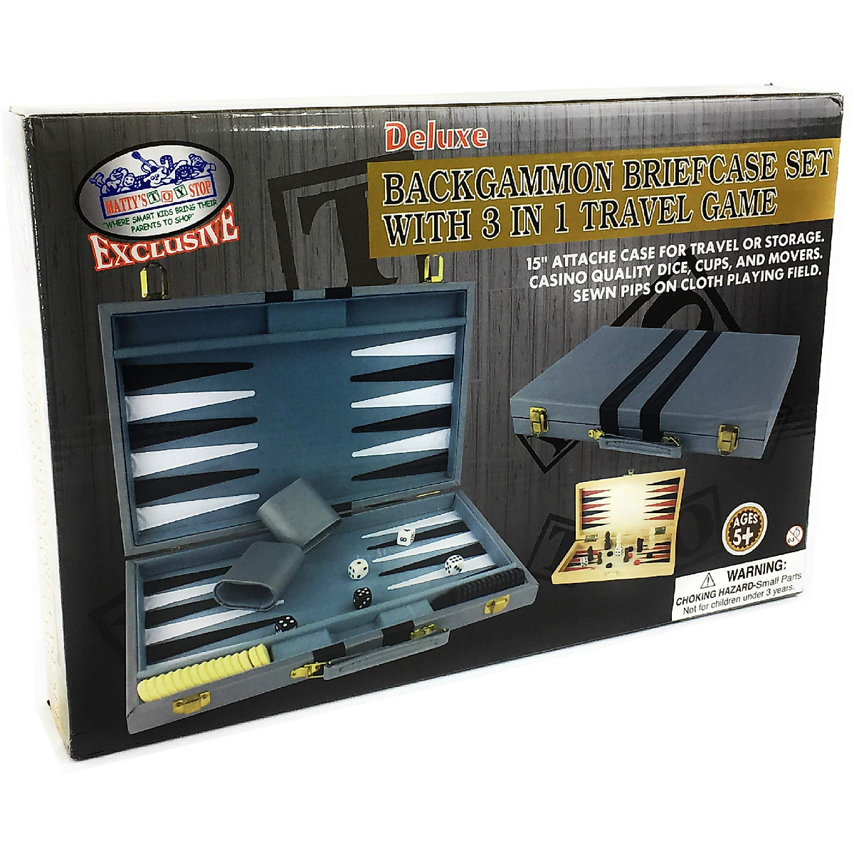 Matty's Toy Stop Deluxe 15" Backgammon Briefcase (Vinyl Gray Attache) with 3-in-1 Chess, Checkers & Backgammon Wooden Travel Games Set (8")