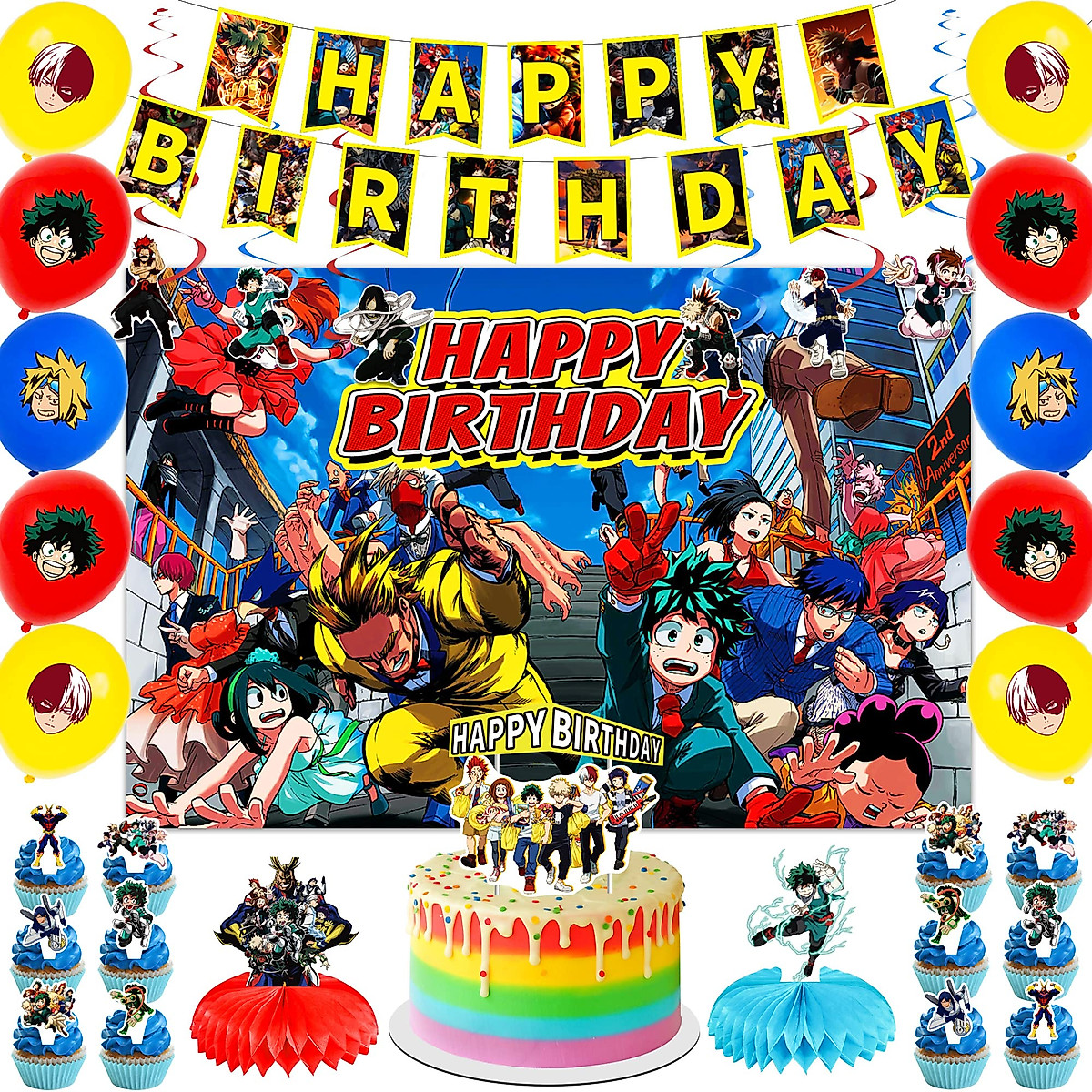 53Pcs Kids Birthday Party Supplies Decorations Include 1Pc 5*3FT Backdrop, 1Pc Banner, 6Pcs Hanging Swirls, 1Pc Cake Topper, 24Pcs Cupcake Toppers, 2Pcs Honeycomb Centerpieces, 18Pcs Latex Balloons