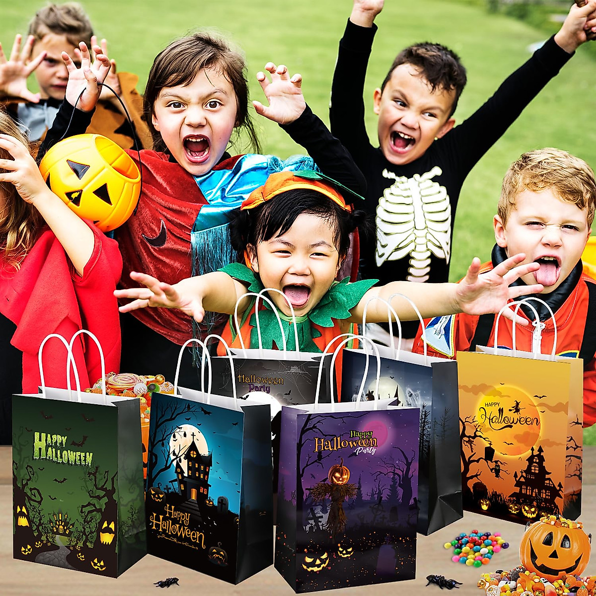 GITMIWS 24 Pack Halloween Treat Bags with Tissue, 8.7'' Small Halloween Goodie Gift Bags with Handle, Paper Candy Bags Trick or Treat Bags for Kids Halloween Party Supplies