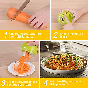 Handheld Spiralizer Vegetable Slicer, Adoric 3 in 1 Heavy Duty Veggie Spiral Cutter - Zoodle Pasta Spaghetti Maker for Low Carb/Paleo/Gluten-Free Meals