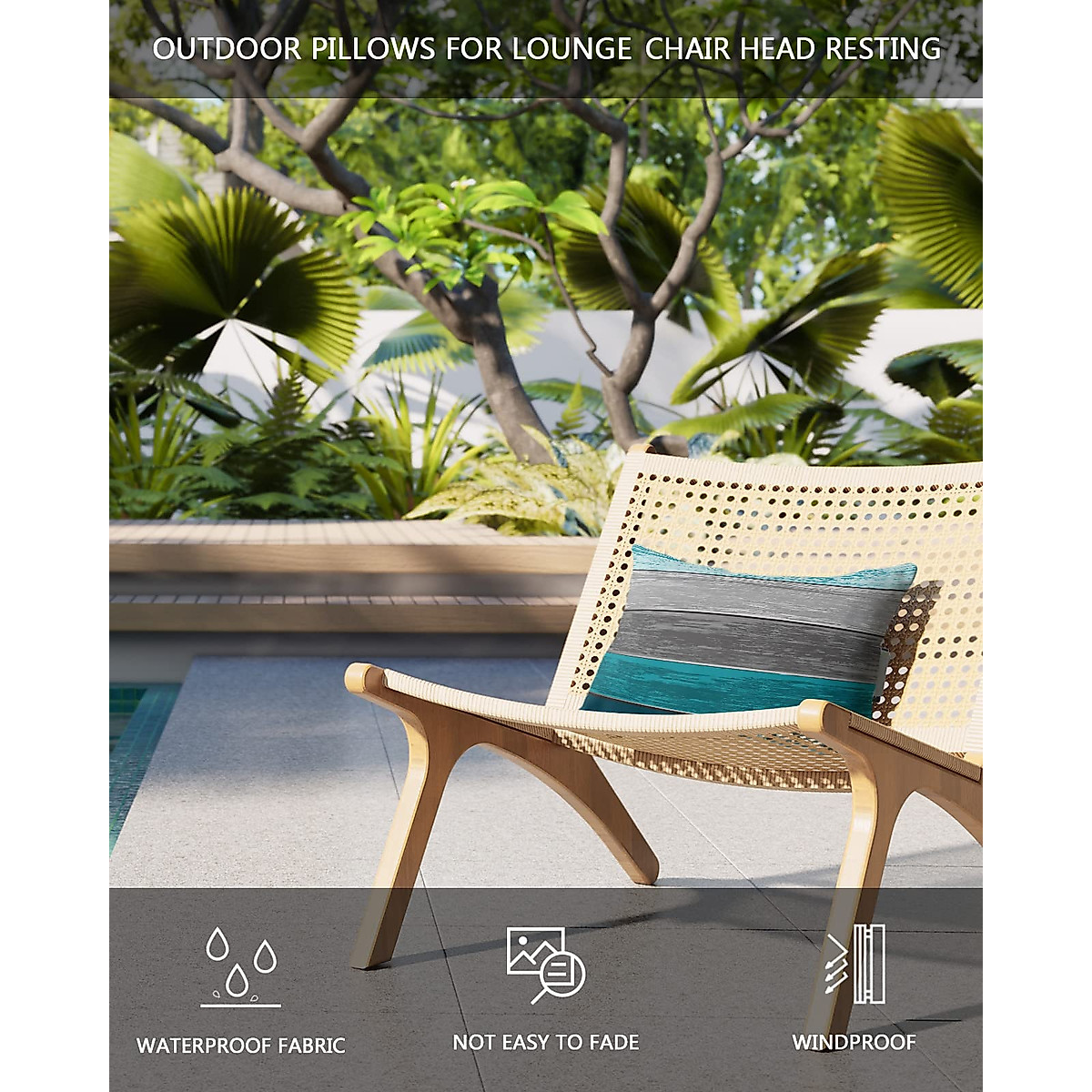 Summer Ombre Blue-Green Grey Farm Wood Grain Outdoor Beach Chair Pillow Headrest for Chaise Lounge Chair, Recliner Head Pillow with INSERTS & Elastic Stripes 11x16(2 PCS)