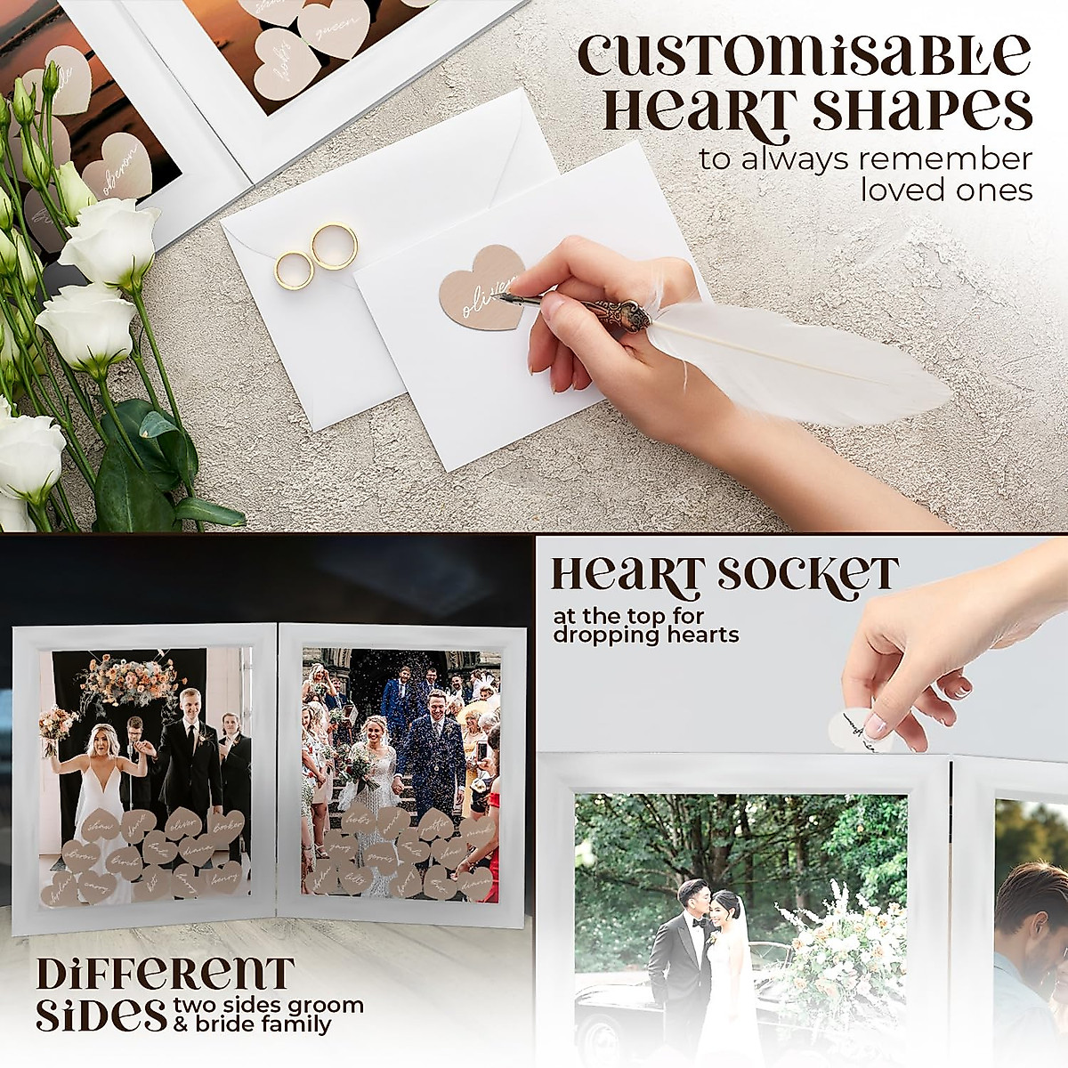 Elegant Wedding Guest Book Alternative - Wedding Guest Book Frame of Pinewood - Foldable Guest Book Wedding Reception Alternative w/2-Photos Space, Stand, Hanger, 100 Wooden Hearts & Box for Any Event