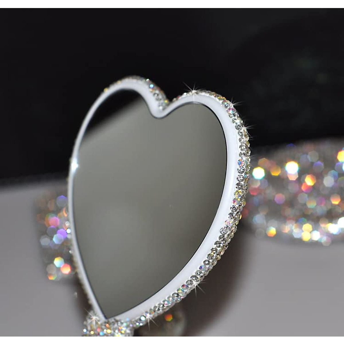 Wowagoga Sparkling Rhinestone Heart Shaped Handheld Mirror Heart Mirror Cosmetic Hand Mirror with Handle Cute Hand Mirror for Women Girls(White)