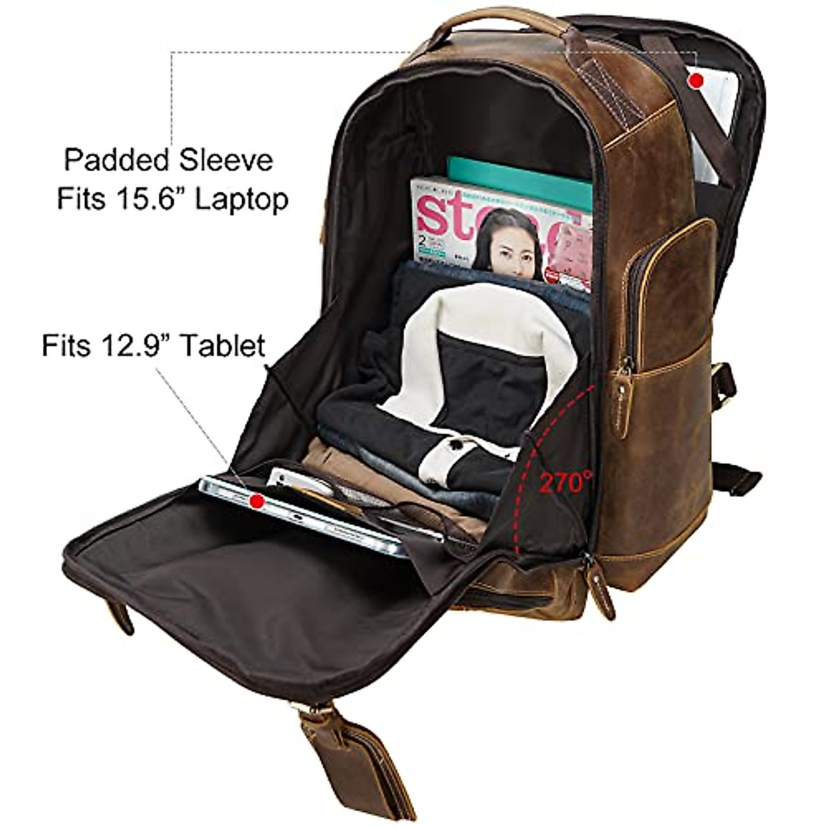 Masa Kawa Vintage Full Grain Leather 15.6" Laptop Backpack for Men Large Camping Travel Rucksack Weekender Daypack, Brown