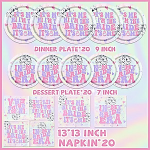 Iridescent Its Me Hi Im The Bride Its Me Tableware, 60 Pcs Iridescent Bachelorette Party Decorations includes In My Bride Era Plates and Its Me Hi Im The Bride Its Me Napkins for Bridal Shower