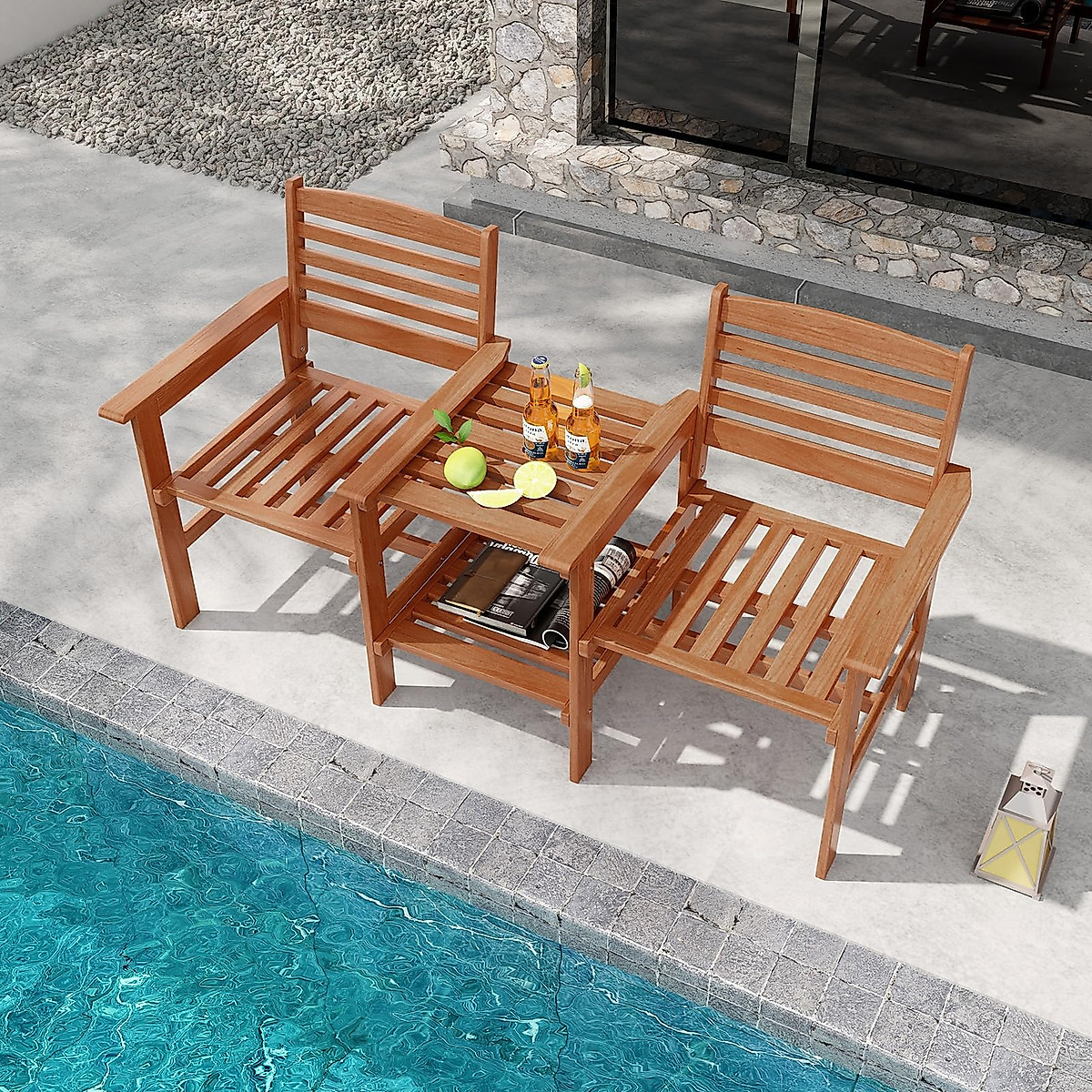 Tangkula Outdoor Patio Loveseat with Table, Wood 2-Seat Conversation Set with Coffee Table and Umbrella Hole, Outdoor Furniture Set for Garden Poolside Backyard Balcony Porch Deck (Natural)