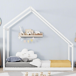 Merax Twin Bed Frames with Roof for Kids Girls Boys, Montessori Wooden House Shaped, Sturdy Framework, Easy Assembly, No Noise