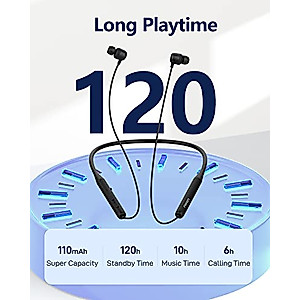 PISEN Bluetooth Headphones, Wireless Earbuds with Microphone Noise Cancelling, IPX5 Waterproof Neckband Bluetooth Headphones for Gym Sports Workout 120H Standby, Black