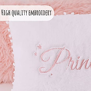 Set of 2 Decorative Pillows for Girls, Toddler Kids Room. White Fluffy Princess Pillow Embroidered and Furry Pink Faux Fur Pillow. Soft and Plush Girls Pillows – Throw Pillows for Kid’s Bedroom Décor