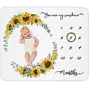 fundich Baby Milestone Blanket for Baby Girl|Newborn Monthly Milestone Picture Blanket|Sunflower Nursery Decor|Baby Girl Photo Background Prop Blanket 45"x40" with Wreath and Headband