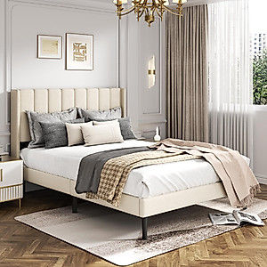 HAOARA Queen Size Velvet Bed Frame with Vertical Chanel Tufted Headboard and Wingback, Upholstered Platform Bed, Strong Wooden Slats, No Box Spring Needed, Beige