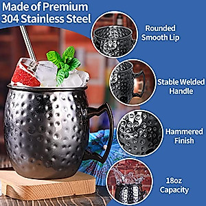 LINALL Moscow Mule Mugs- Set of 4 Gunmetal Black Plated Stainless Steel Mug 18oz, Measuring Cup, Cocktail Picks for Chilled Drinks (4pcs)