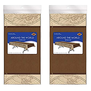 Beistle Around The World Tablecovers, 54” x 108”, 2 Pieces – Plastic Table Cloth, Around The World Decorations, Travel Themed Party Decorations, World Map Decor, Rectangular Table Cloth