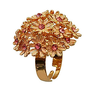 Exquisite Daisy Flower Statement Ring for Women Gold Plated Pink Cubic Zirconia Open Band Wrap Expandable Adjustable Big Finger Rings Comfort Fit Indian Style Exaggerated Mother's Day Jewelry