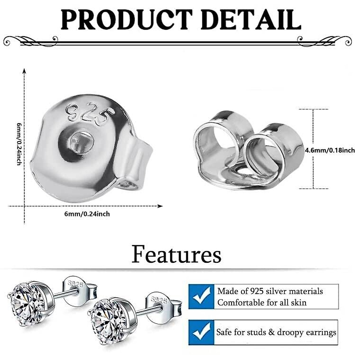 Earring Backs for Studs, Moconar 12PCS 925 Sterling Silver Earring Backs Replacements, Hypoallergenic Earring Backs Secure Ear Locking Pierced Earring Backs for Studs