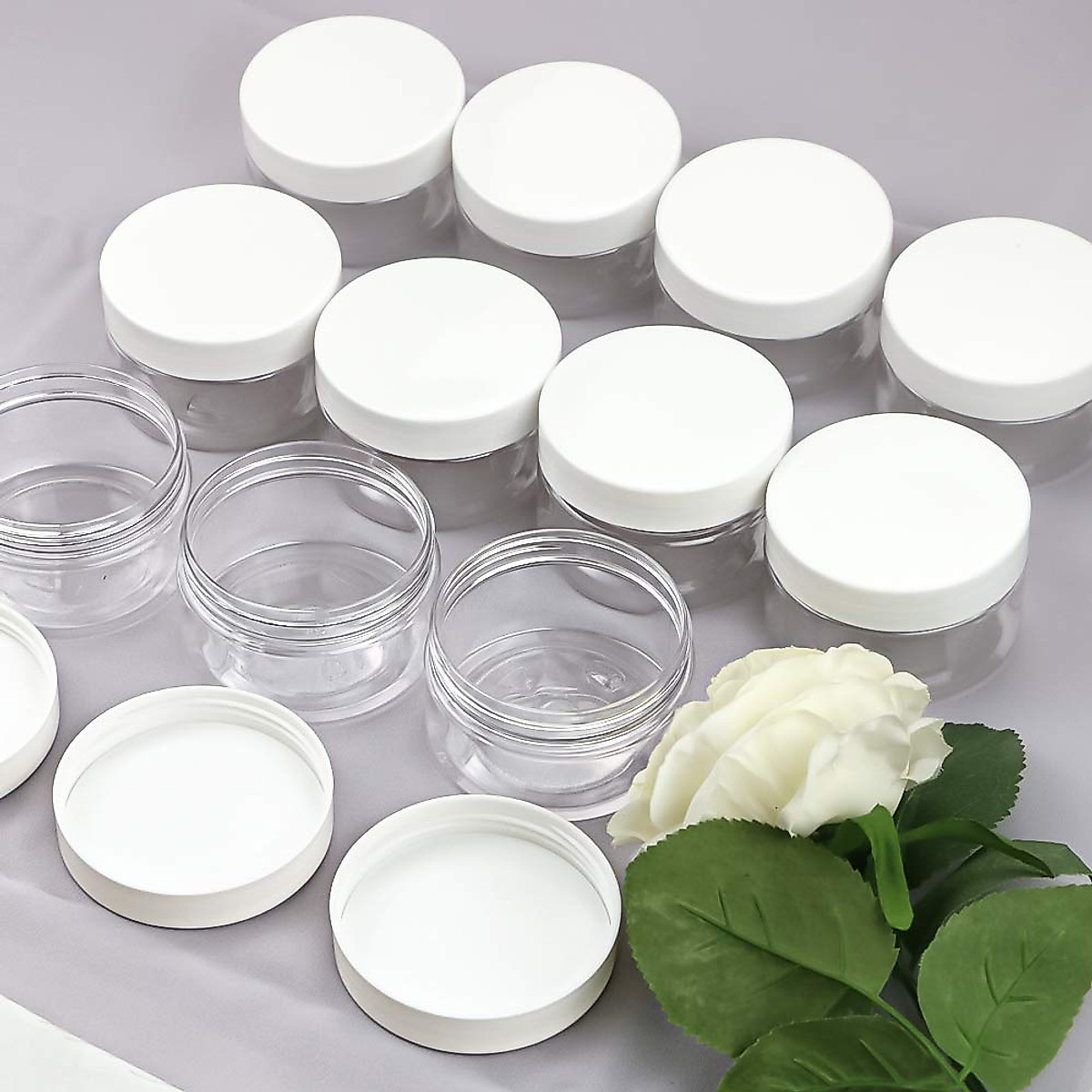 WYKOO 12 Pack 4 OZ Plastic Jars Round Clear Cosmetic Container Jars with Lids, Wide Mouth Empty Slime Jars, Refillable Clear Travel Storage Jars for Kitchen Use Beauty Products Sample